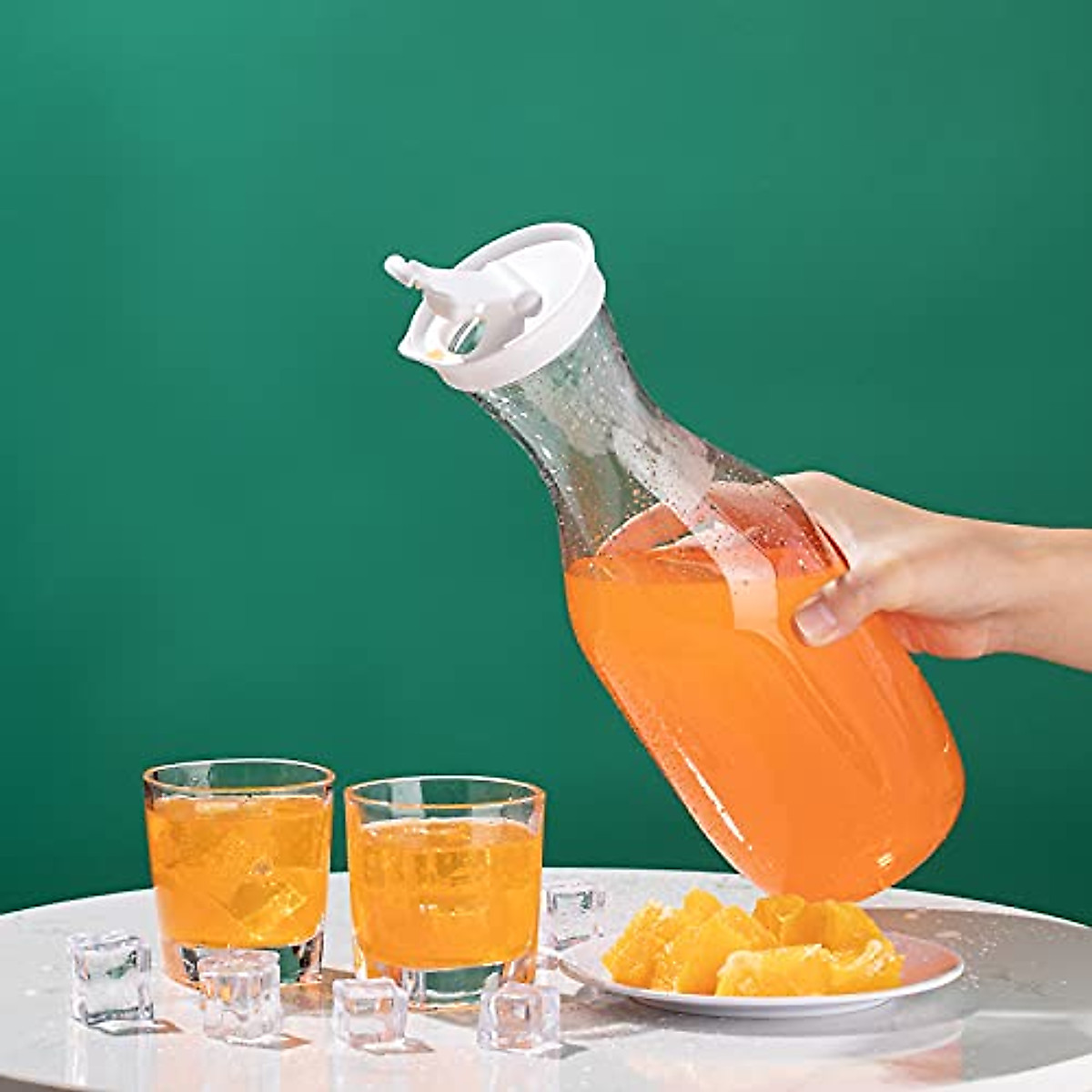 4 Pack Clear Plastic Water Carafes 50 Oz Beverage Pitcher Carafe with Flip top Lids and 16.4 Ft Rope 30 pieces Paper Cards for Tea Juice Water iced Coffee, Narrow Neck Design