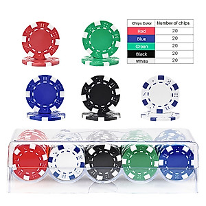 100Pcs Professional Poker Chip with Storage Box, 5 Colors Casino Poker Chips Set, 11.5 Gram Clay Composite Casino Poker Chips for Casino Card Games Texas Holdem Blackjack Gambling (with Clear Box)