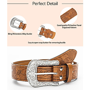 XuoAz Women Vintage-Western PU Leather Rhinestone-Buckle-Belt Cowgirl Bling-Diamond Country Waist Belts(for 33" to 38" Waist)
