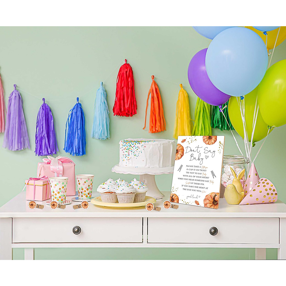 Baby Shower Sign, Don't Say Baby Baby Shower Game, for Little Pumpkin Baby Shower Decorations, Neutral Baby Shower Decor, Mini Clothespins for Baby Shower, 1 Wooden Sign & 50 Mini Clothespins Set-5