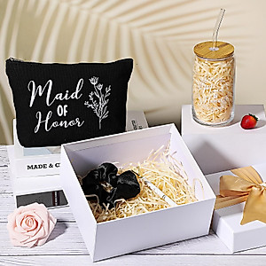 Umigy Bridesmaid Maid of Honor Glass Cup Gift Box Set of 5 Glass Cup with Lid Makeup Bag Scrunchies Hair Tie Diamond Ballpoint Proposal Gift with Raffia for Wedding (Black, White)
