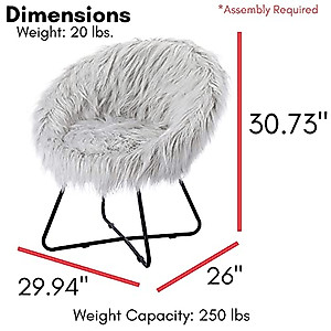 BIRDROCK HOME Grey Faux Fur Papasan Chair with Black Legs - Kids Bedroom Moon Chair - Comfy Wide Cushion Seat - Living Room Saucer - Metal - Fluffy Round Seat - Circle