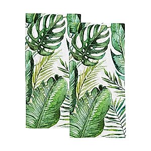 TOPCARPENTER Palm Leaf Tropical Hand Towels for Bathroom Palm Leaf Beach Towel Set of 2 Green Tropical Palm & Fern Leaves Bathroom Kitchen Decor Soft Quick Dry Super Absorbent 30 X 15 inch