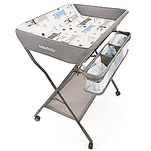 Maydolly Diaper Changing Table with Wheels, Foldable Nursery Organizer - Adjustable Height Changing Station with Large Storage Racks for Newborn Baby and Infant, Gray