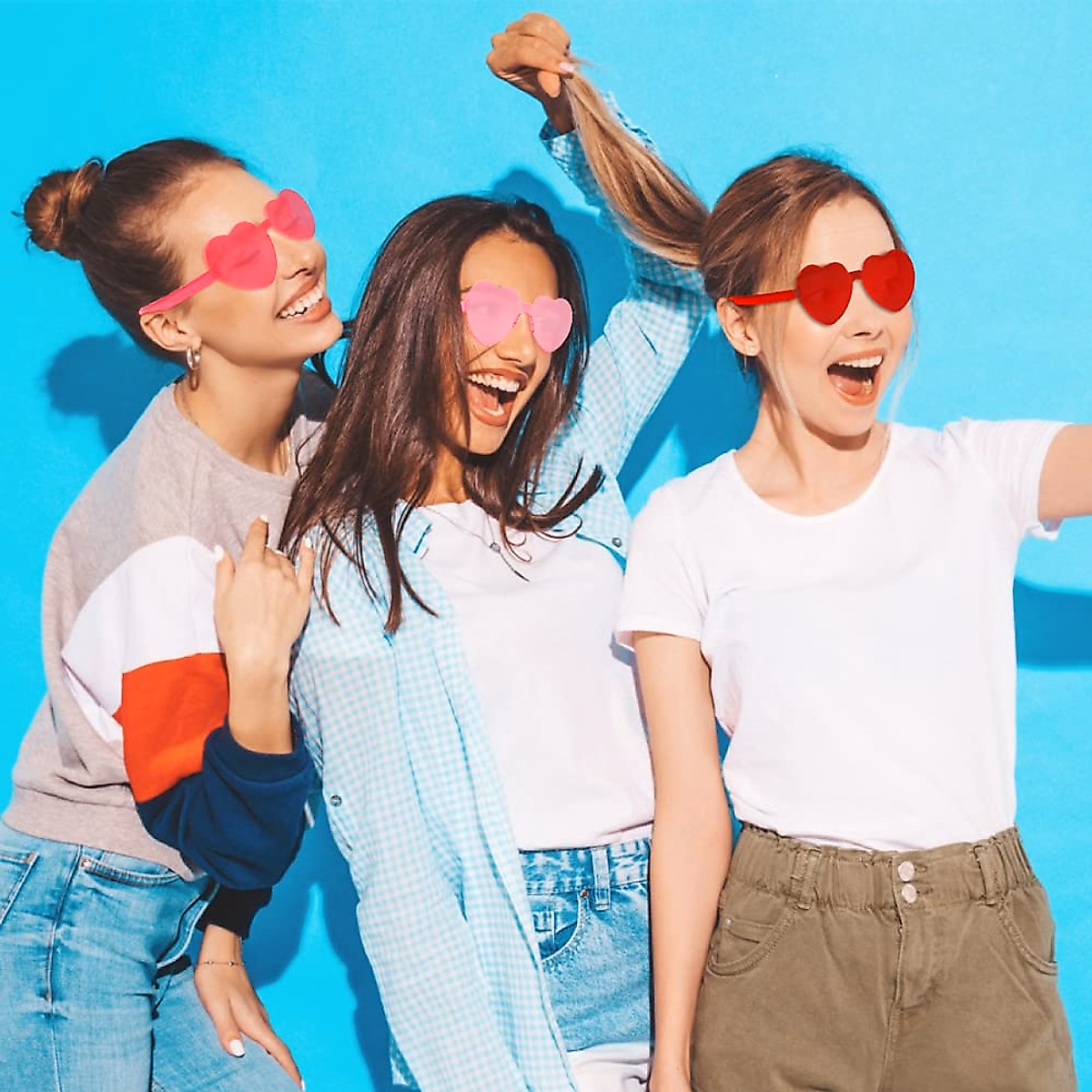 AFNWQI Heart Sunglasses, Heart Shaped Sunglasses, 3-Pack, Transparent Rimless Sunglasses, Colored Sunglasses, Heart Glasses, Heart Sunglasses for Women, Party Glasses (Red+Hot Pink+Pink)