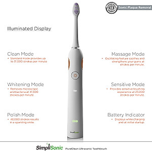 SimpliSonic Ultrasonic Rechargeable Electric Toothbrush Premium Package w/ 12 Heads (White)