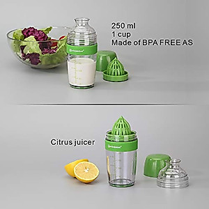 KITCHENDAO 2 in 1 Salad Dressing Shaker Container with Juicer, Pour Spout, Leakproof, Soft Grip, Dishwasher Safe, BPA Free Travel Homemade Oil and Vinegar Salad Dressing Bottle Mixer Dispenser, 1 Cup