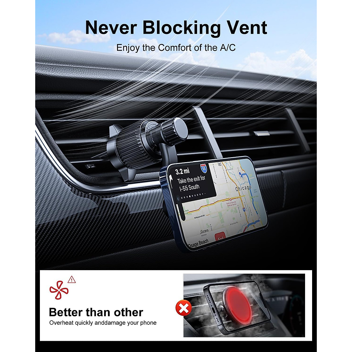 Rorhxia Fits MagSafe Car Mount, [Never Blocking Vent, Enjoy Comfort of A/C] [20 Strong Magnets] Magnetic Phone Holder for Car Universal Extension Vent Clip Car Phone Holder Fit for iPhone 15 Pro Max