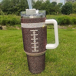 MYHOBBY Crystal 40 Oz Tumbler with Handle,Football Stainless Steel Water Bottle Double Wall Insulated Travel Mug,Good Gift For Ball Game Lover,Brown