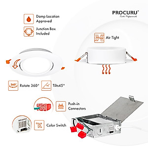 PROCURU [4-Pack] 6-Inch Gimbal Air-Tight LED 2700K-6000K 5CCT Color Selectable, Adjustable, Rotate & Swivel Ultra-Thin Heavy Duty Recessed Ceiling Downlight, Dimmable, IC Rated (VGB65W-4P)