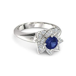 PB Collection Lotus Flower Engagement Ring 925 Sterling Silver Round Cut Blue Sapphire & CZ 8