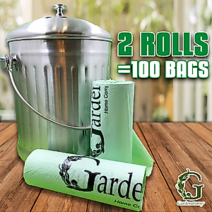 Compostable Trash Bags for Kitchen Compost Bin - Fits 1, 1.2, 1.3, 1.5 Gallon Biodegradable Compost Bags for Kitchen Pail liners- Package of 2-50 bags per Roll fits Gardenatomy, Goldsol and Other Bins