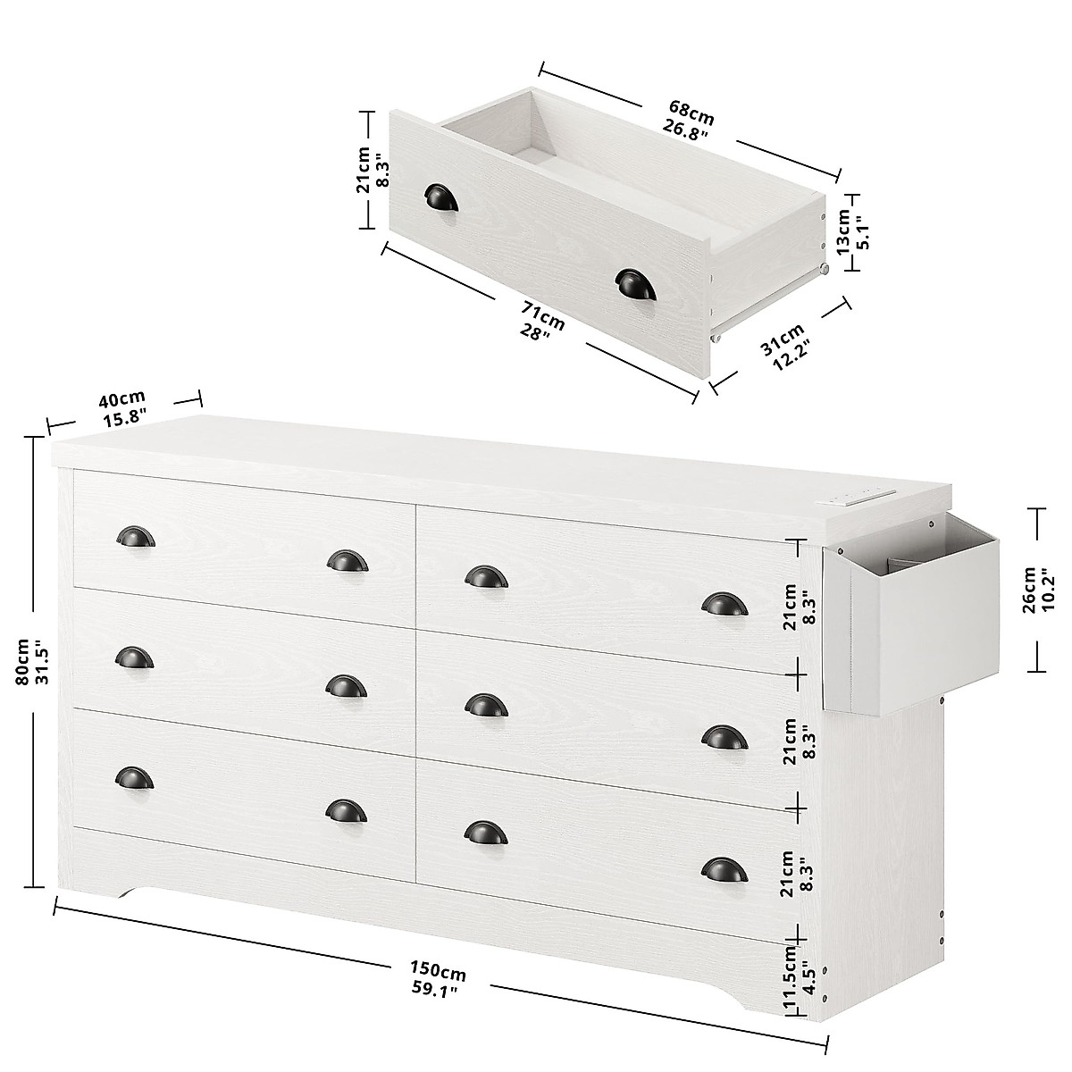 LIKIMIO Dresser for Bedroom 6 Drawer with Charging Station, TV Stand Storage Chest of Drawers for Living Room Hallway Entryway, MDF Board, White