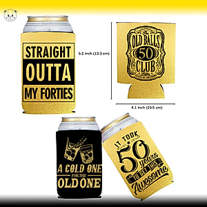 KARAQY 12 Pcs 50th Birthday Party Can Coolers - Black and Gold Cheers to 50 Years Can Sleeves, Happy 50th Birthday Decorations for Men Women 50th Birthday Party Supplies