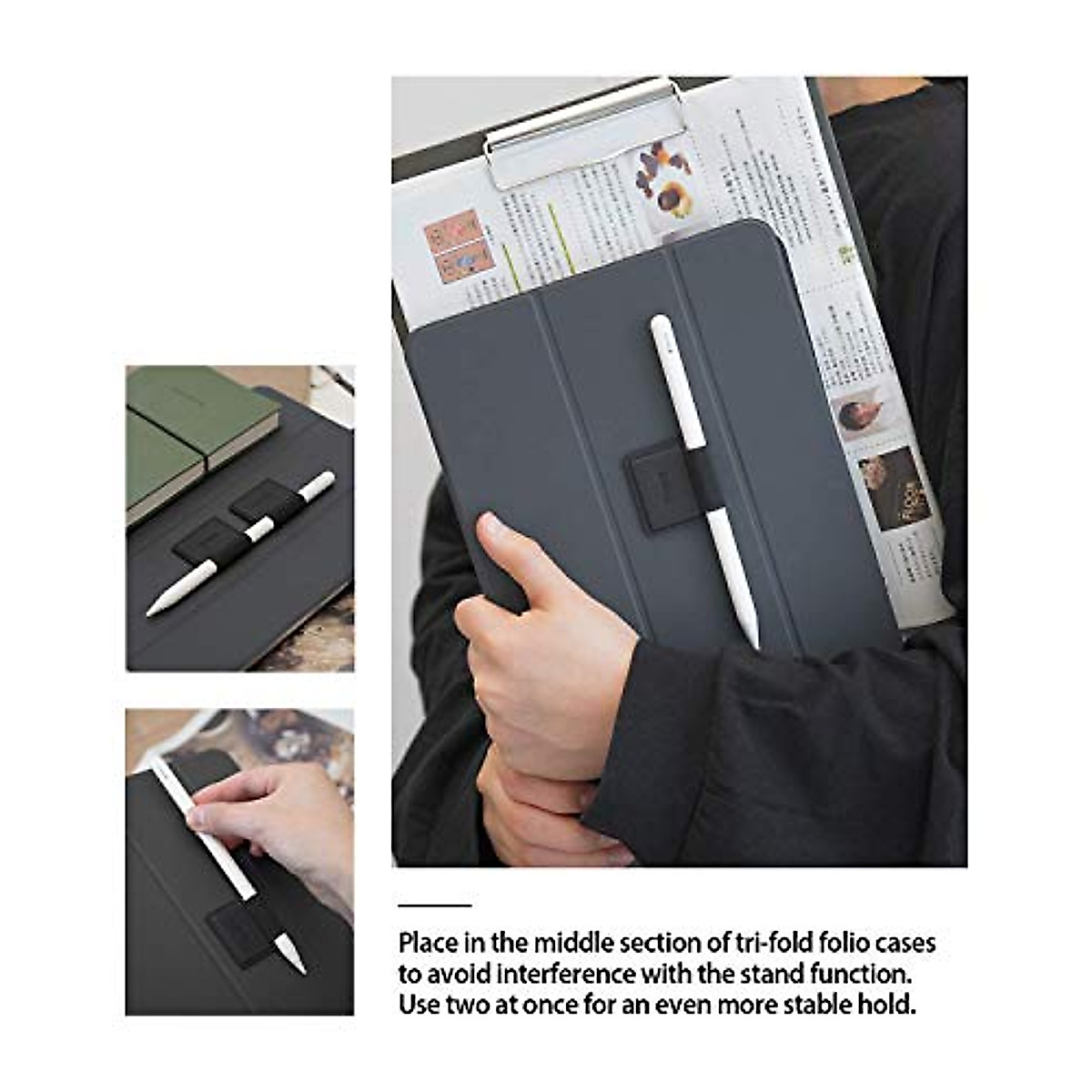 Ringke Pen Holder for Apple Pencil, Journal, Notebooks, and More - 3M Self Adhesive PU Leather Durable Pen Loop with Elastic (3 PACK) - Black