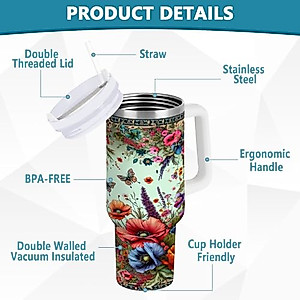 Maunzc 30 oz Tumbler with Handle and Straw, Insulated Stainless Steel Travel Mug with Lid for Coffee, Iced Tea, Water, Gift for Men Women (Butterflies and Herbs)
