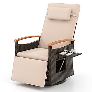 HAPPYGRILL Outdoor 360° Swivel Rattan Recliner Chair, Patio Wicker Chaise Lounge Chair with Adjustable Backrest & Footrest, Flip Side Table & Cushions for Outside Porch, Poolside & Backyard