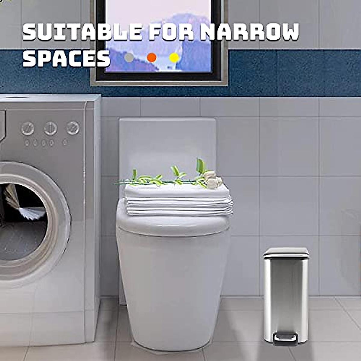 TMTECH Stainless Steel Bathroom Trash Can with Lid Soft-Close and Inner Wastebasket, Rectangular Slim Small Trash Can for Bedroom Kitchen Office, Anti-Fingerprint Brushed, 5L1.3Gal, Silver, (TM)