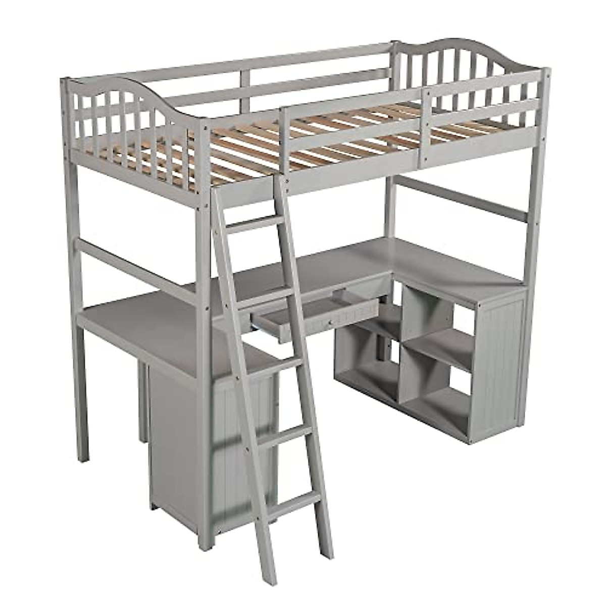 MegaChunk Twin Size Loft Bed with Drawers, Cabinet, Shelves and Desk, Wooden Loft Bed with Desk - Gray