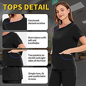 niaahinn Scrubs Sets for Women Nurse Scrub Uniform Top & Jogger Pant Clothes Stretchy Short Sleeved Suit Slanted V-Neck Design (Black,L,Large)