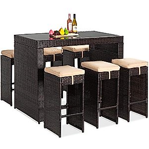 Best Choice Products 7-Piece Outdoor Wicker Bar Dining Set, Rattan Patio Furniture for Backyard, Garden w/Glass Table Top, 6 Stools, Removable Cushions - Brown/Beige