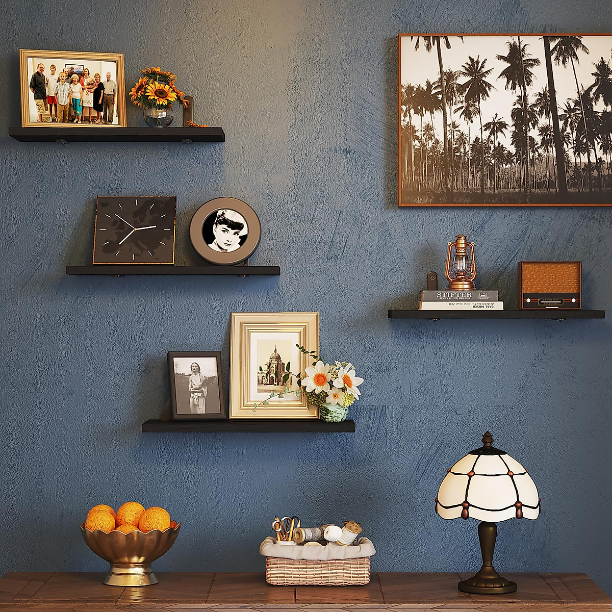 Fixwal Floating Shelves for Wall, 4 Sets Wall Shelves Farmhouse Wood Wall Shelf Wall Mounted Floating Shelves for Bedroom Decor, Bathroom Storage, Book Shelf for Wall - Black