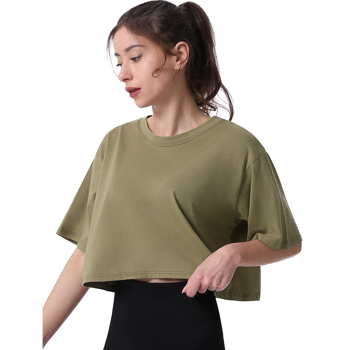 Cosy Pyro 4-Pack Women's Cotton Crop T-Shirts Short Sleeve Solid Cropped Athletic Top Round Neck Casual Workout Yoga Tees Black/Gray/White/Army M