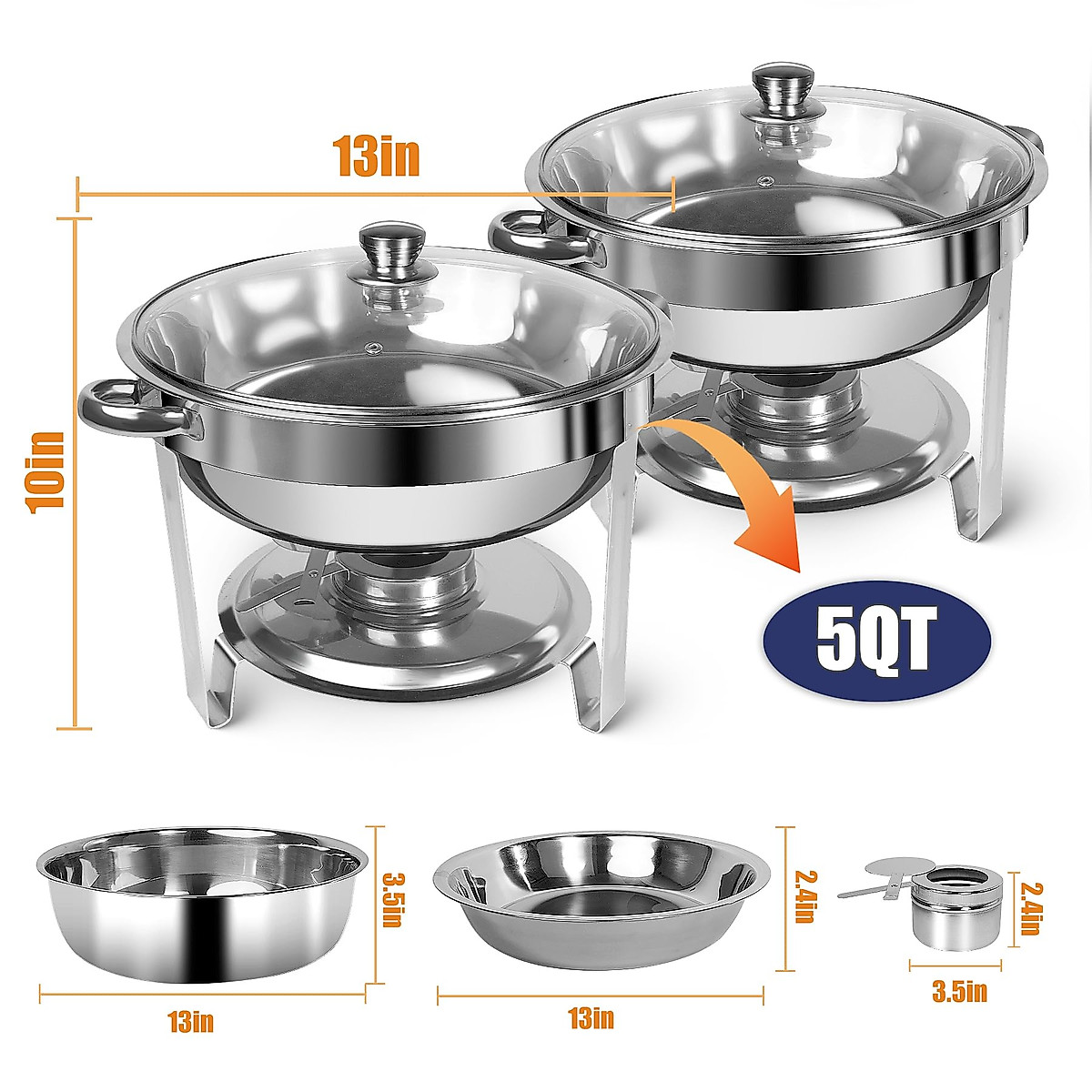 Dervipas 2 Pack 5QT Chafing Dish Buffet Set, Stainless Steel Round Chafers for Catering with Glass Viewing Lid & Lid Holder, Buffet Servers and Warmers Set for Parties Catering and Dinners