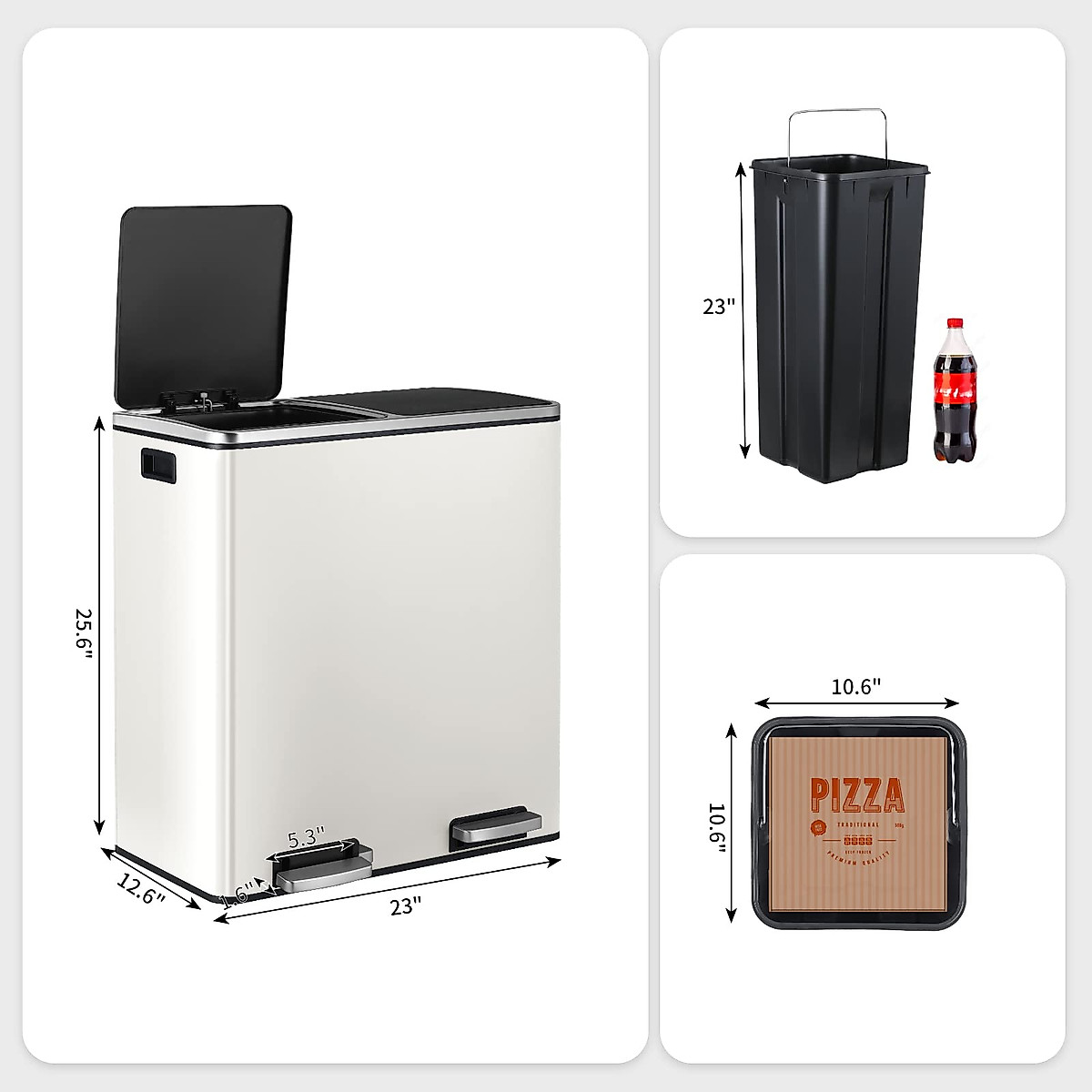 Arlopu 16 Gallon Stainless Steel Trash Can, 60L Dual Compartment, Metal Kitchen Step Recycle Bin, Metal Double Dustbin, in-Home Garbage Rubbish Can W/Removable Liner Buckets,