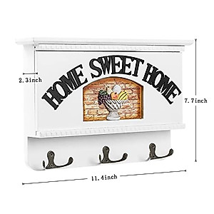 HRONRAD Farmhouse Key Holder for Wall Decorative, Home Sweet Home Decor, 3 Double Metal Key Hooks and 4 Hidden Push & Pull Cover Key Hangers, Rustic Wooden Wall Mounted Key Racks for Entryway (White)