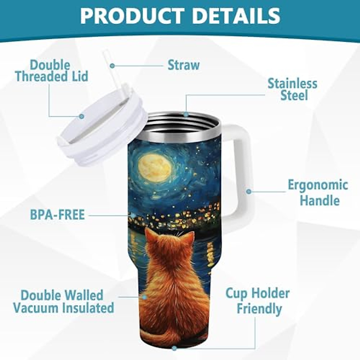 RPLIFE Cute Orange Cat Starry Night 40 Oz Tumbler with Handle, 30 Oz Tumbler, Coffee Tumbler for Women