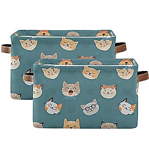 MNSRUU Storage Basket Cat Heads Collapsible Organizer Basket with PU Handles, Waterproof Nursery Basket Storage Bin for Shelves for Organizing Closet