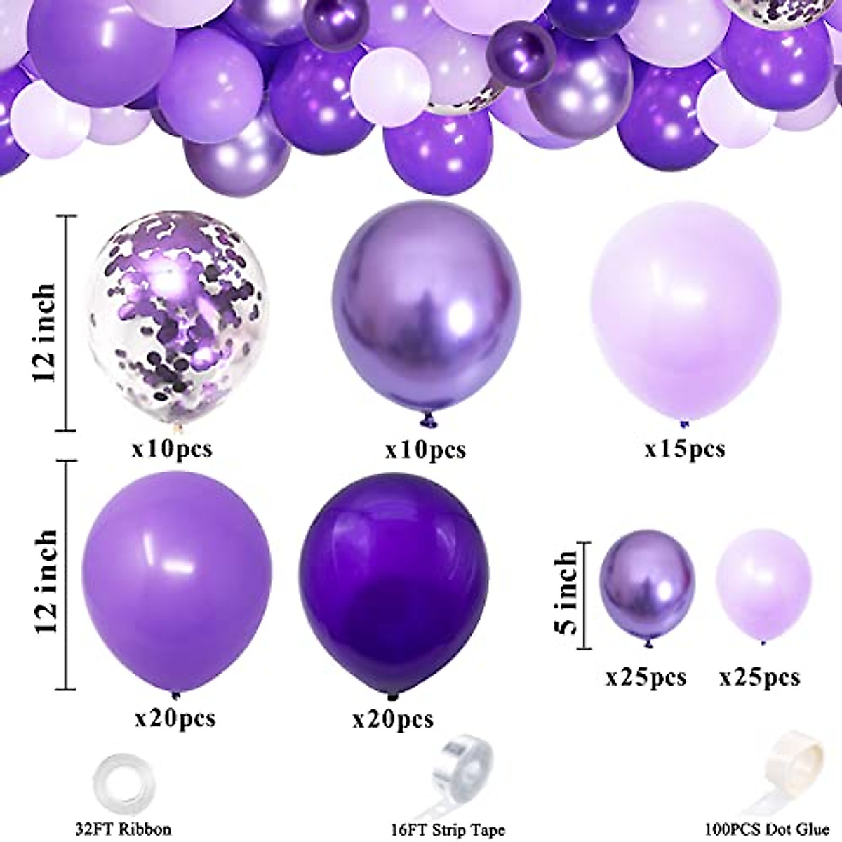 Purple Shades Balloons Garland Arch Kit-128Pcs 5” 12” Dark Pastel Light Metallic Confetti Purple Balloons Arch Set for Purple Wedding Birthday Baby Shower Graduation Party Decorations