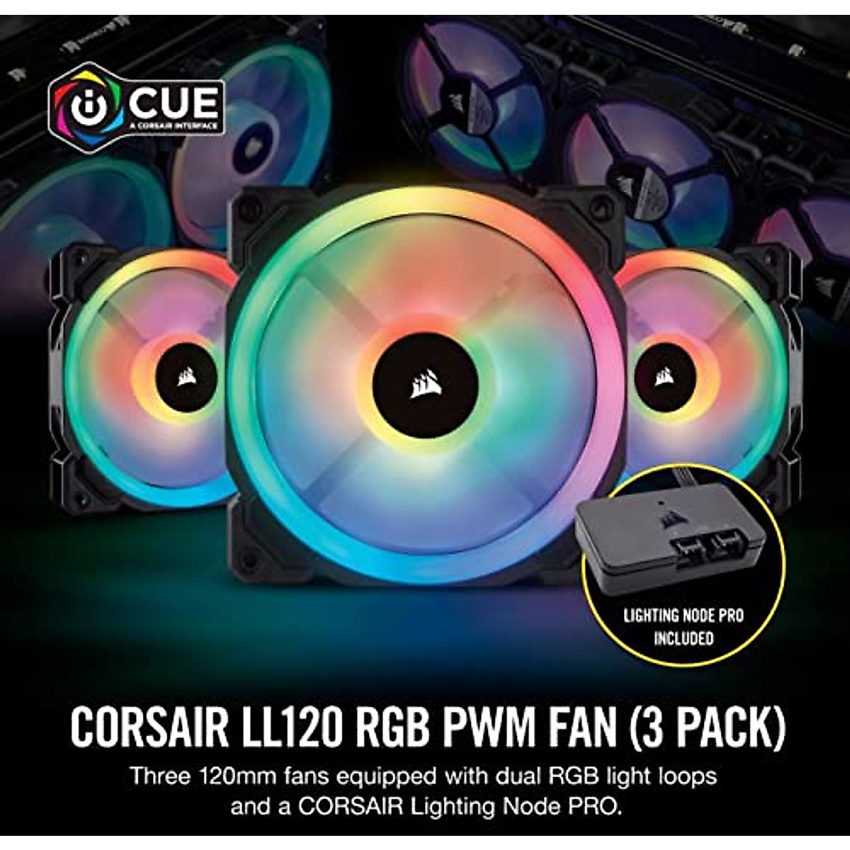 Corsair LL Series LL120 Black RGB 120mm Dual Light Loop RGB LED PWM Fan 3 Fan Pack with Lighting Node Pro (CO-9050072-WW) (Renewed)