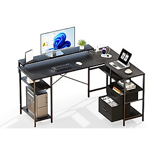 TOARTi 61" L Shaped Computer Desk with Drawer, Large Office Writing Desk with Power Outlets&LED Strip, Gaming Corner Desk with Adjustable Long Monitor Shelf for Home Office, Black Color
