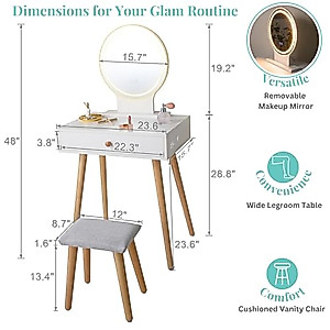 LUXFURNI Vanity Desk with Lighted Mirror, Makeup Vanity Table Set, Adjustable Brightness, Large Drawer Sturdy Wood, Soft Chair Dresser Desk for Bedroom (White, 24x16x44.5H)