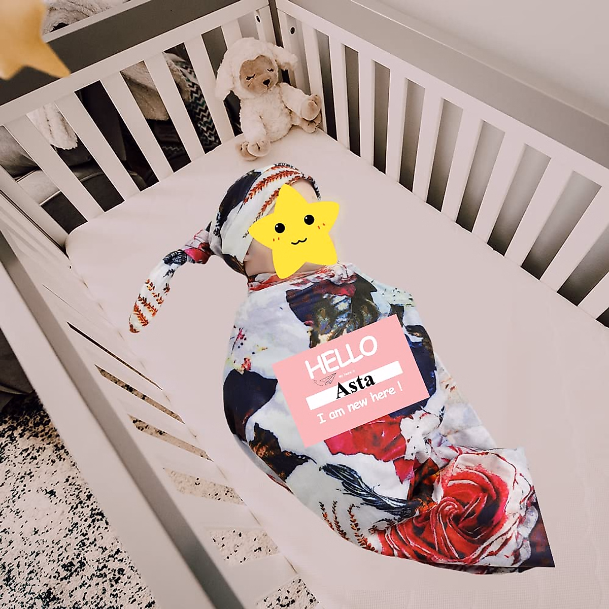 SUFEINI 4 in 1 Swaddle Blanket Set 32×32 inch Girl Boy Unisex Neutral Vintage Monthly Picture Blanket, Receiving Blanket with Bow Headband/Hat/Name Suggestion Cards Photo Props