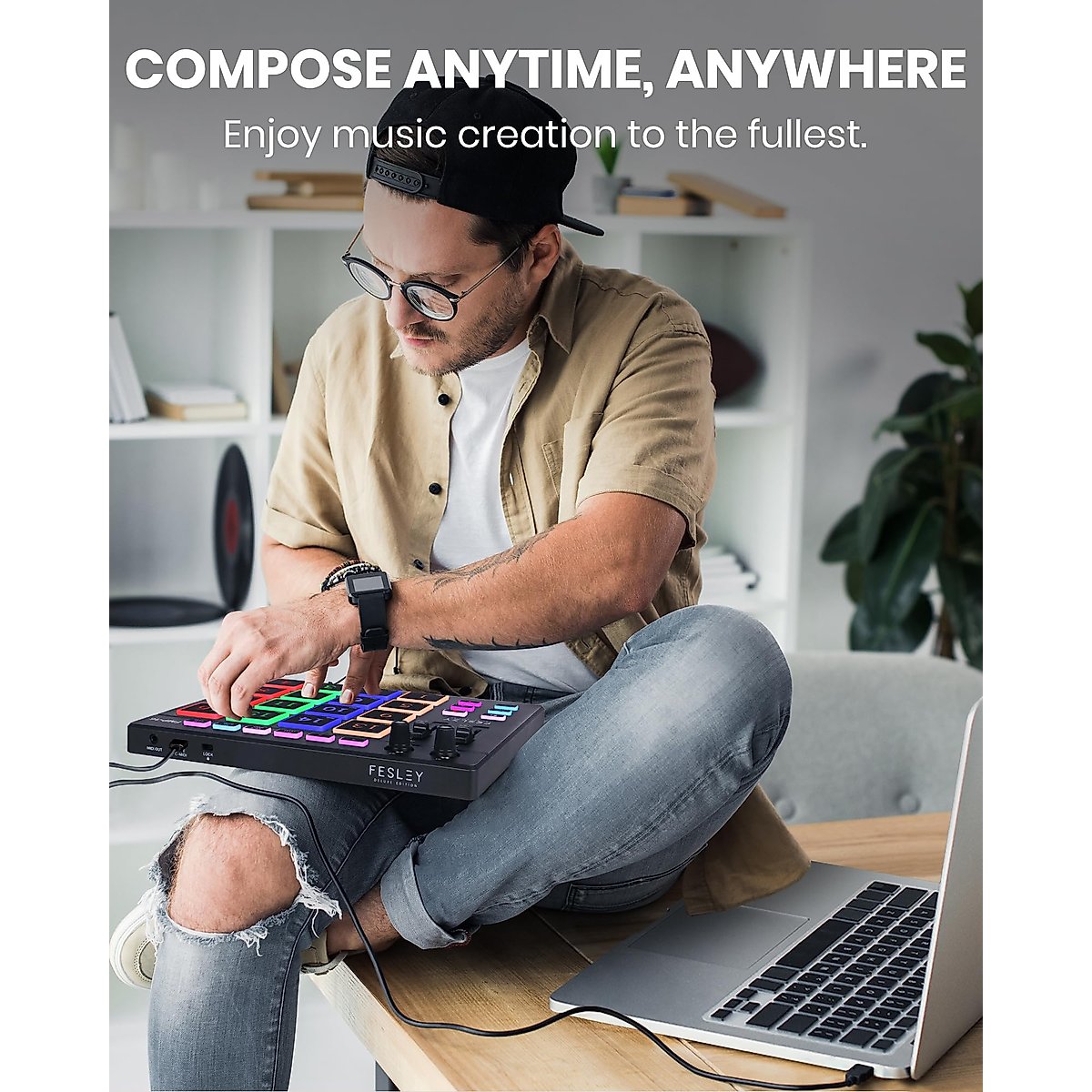 Fesley MIDI Controller Professional, Beat Maker Machine with 16 Beat Pads, MPC with 2 Assignable Fader & Knobs, Portable MIDI Pad Controller, Beat Machine for Music Making