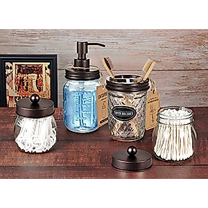 Mason Jar Bathroom Accessories Set(4 Pcs) -Lotion Soap Dispenser & 2 Cotton Swab Holder &Toothbrush Holder-Rustic Farmhouse Decor,Countertop Vanity Organize，Bathroom Home Decor (Bronze)