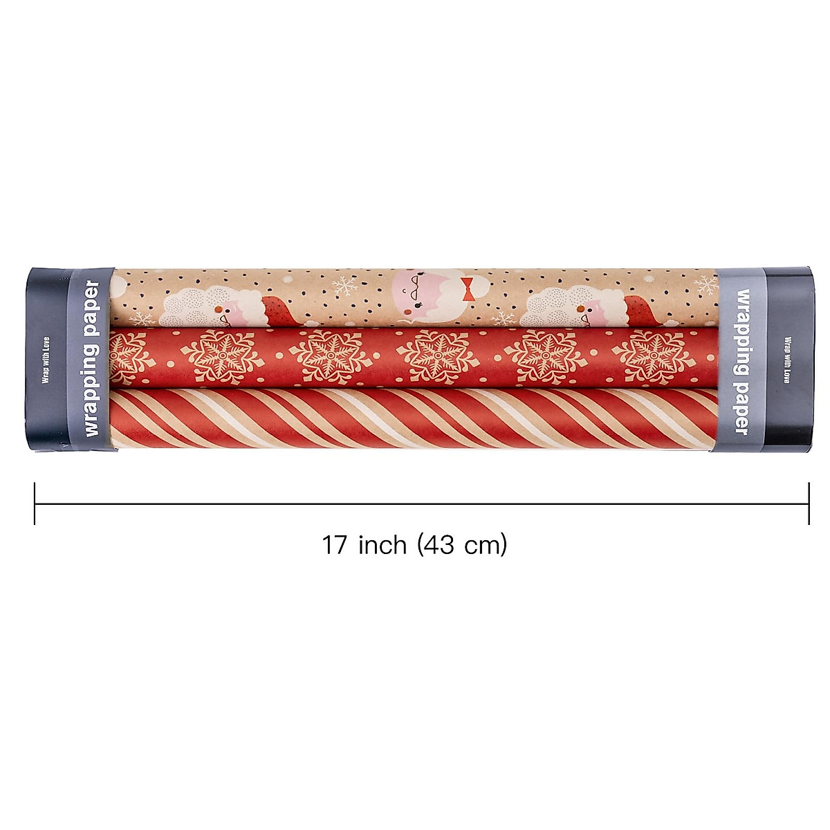 WRAPAHOLIC Kraft Christmas Wrapping Paper Roll - Mini Roll - 3 Rolls - 17 Inch X 120 Inch Per Roll - Red and White Santa Claus, Snowflake Holiday Collection with Faint Fragrance