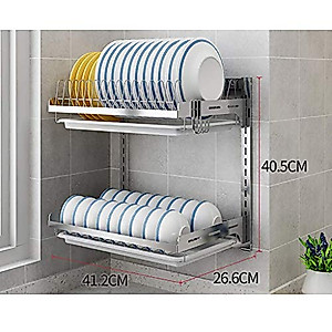 PLABCATNB Dish Storage Racks,Kitchen 201 Stainless Steel Wall-Mounted 2-Layer Dish Rack Drain Rack/Black/41.2 * 26.6 * 40.5Cm (Silver 41.2 * 26.6 * 40.5Cm)