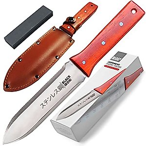 Black Iron Hori Hori Garden Knife [7 Inches, Japanese Stainless Steel] Durable Gardening Tool for Weeding, Digging, Cutting & Planting with Leather Sheath and Sharpening Stone