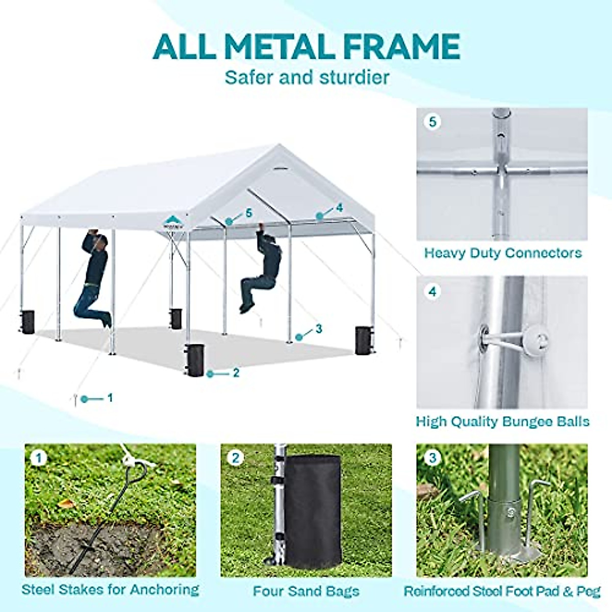 ADVANCE OUTDOOR Adjustable 10x20 ft Carport Heavy Duty Car Canopy Garage Party Tent Outdoor Boat Shelter, with 8 Reinforced Poles and 4 Weight Bags, Adjustable Height from 9.5 ft to 11 ft, White