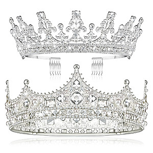 Juexica 2 Pieces Crowns King and Queen Wedding Crown and Tiaras for Women Men Halloween Princess Vintage Headband Birthday Crown Bridal(Silver)