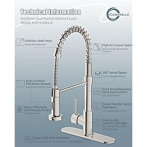 Casavilla Kitchen Faucet Set, Commercial Kitchen Sink Faucets with Pull Down Sprayer and Soap Dispenser, Stainless Steel Faucets for Kitchen Sinks, Single Handle Spring Kitchen Faucets with Deck Plate
