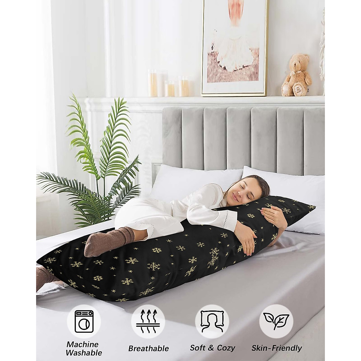 Edwiinsa Golden Snowflake Body Pillow Covers 20x54 Side Sleeper Pillow, Plush Soft Comfort for Hair/Skin Cooling Pillowcases with Envelop Closure Throw Covers Merry Christmas Winter Black