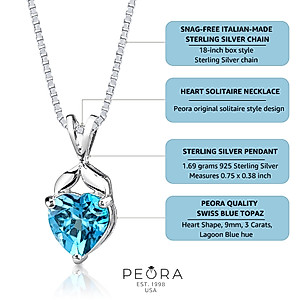 PEORA Swiss Blue Topaz Pendant Necklace for Women 925 Sterling Silver, Natural Gemstone, 3 Carats Heart Shape 9mm with 18 inch Chain