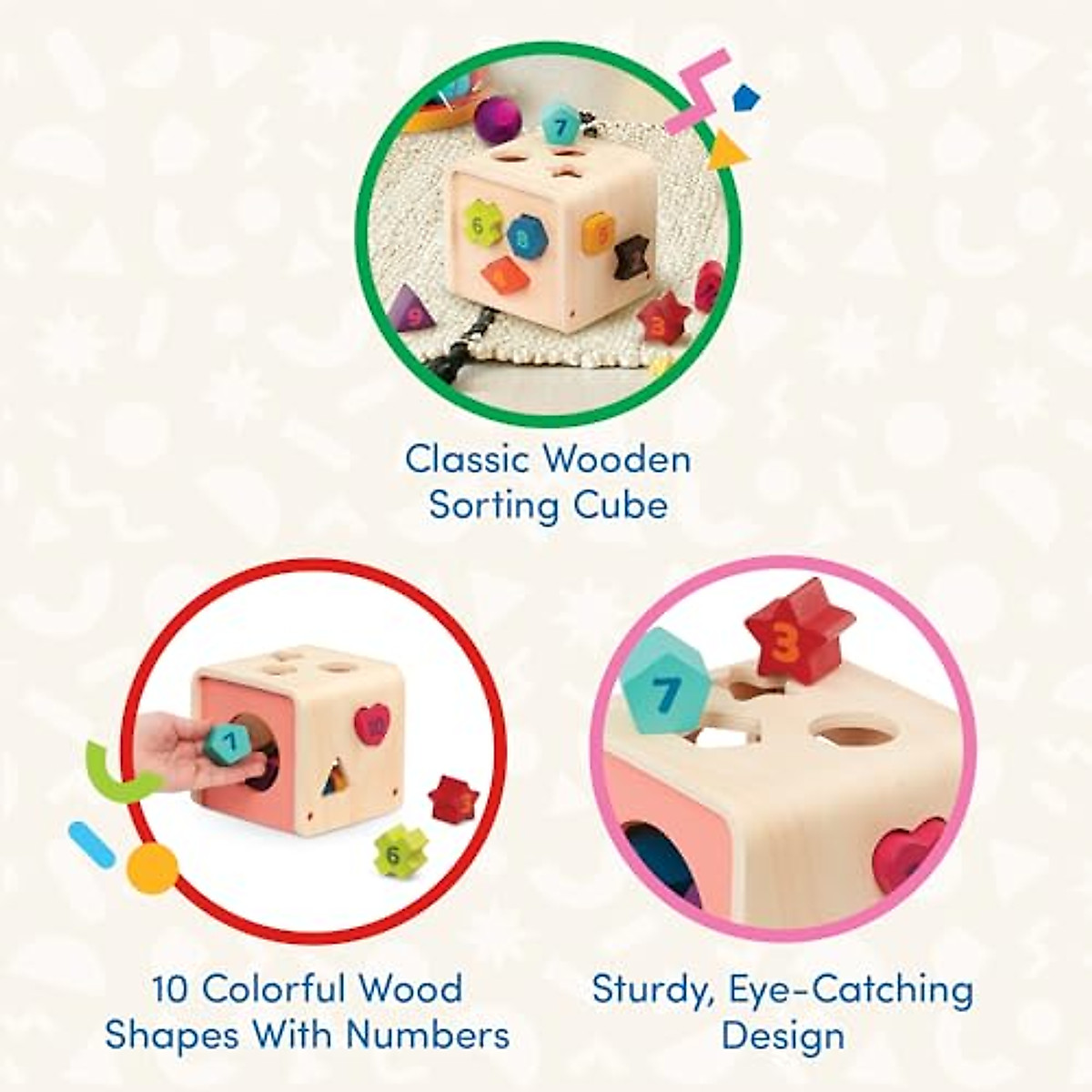 Battat – Shape Sorter For Toddlers, Kids – Wooden Learning Cube – 10 Colorful Wood Shapes With Numbers – Count & Sort Cube – 1 Year + – Count & Sort Cube