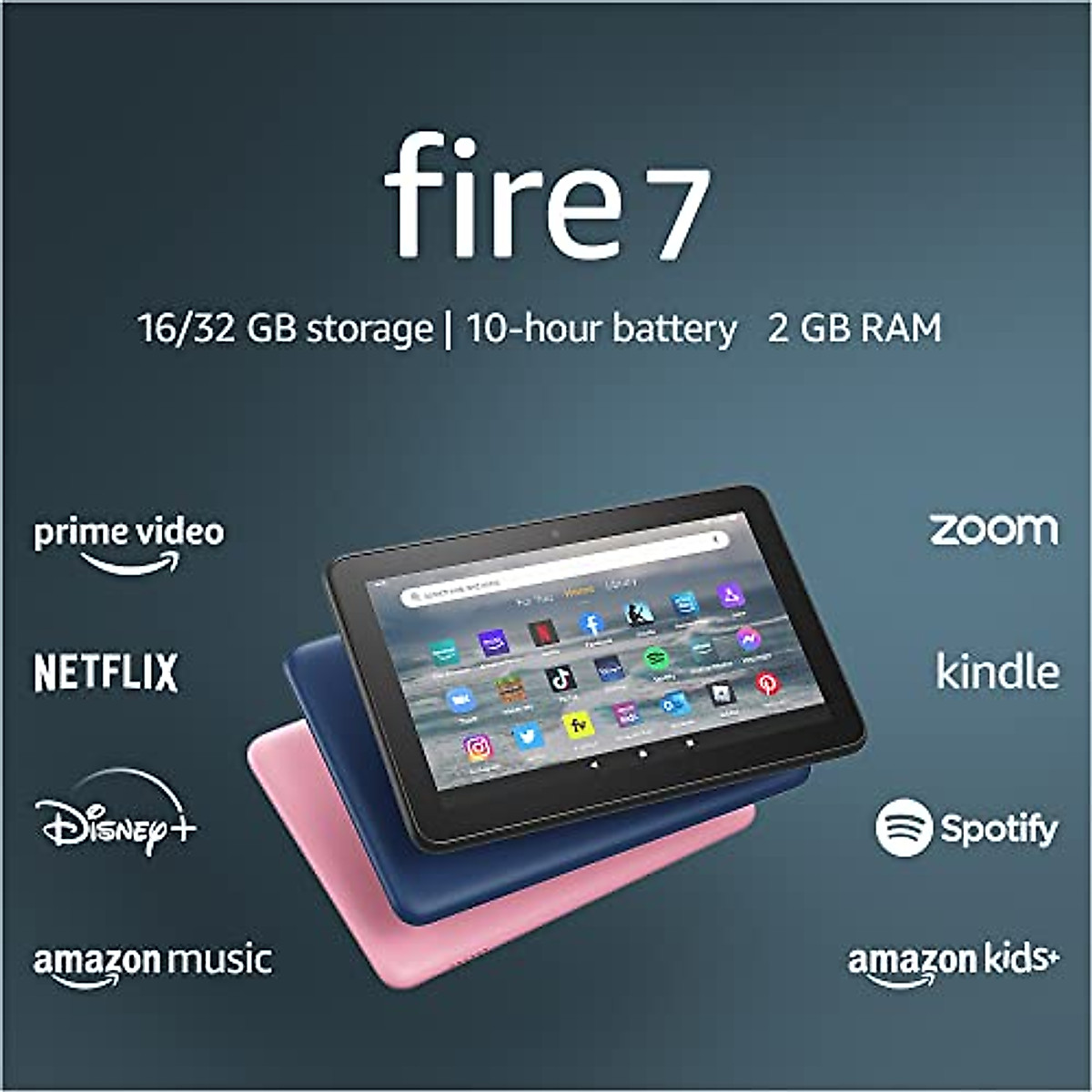 Fire 7 tablet, 7” display, 32 GB, 10 hours battery life, light and portable for entertainment at home or on-the-go, (2022 release), Denim, without lockscreen ads