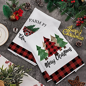 AnyDesign Christmas Kitchen Dish Towels 18 x 28 in Buffalo Plaids Reindeer Xmas Tree Truck Snowman Tea Towel Red Black Plaids Ultra Absorbent Cloth Hand Drying for Cooking Baking Home Supplies, 4Pcs